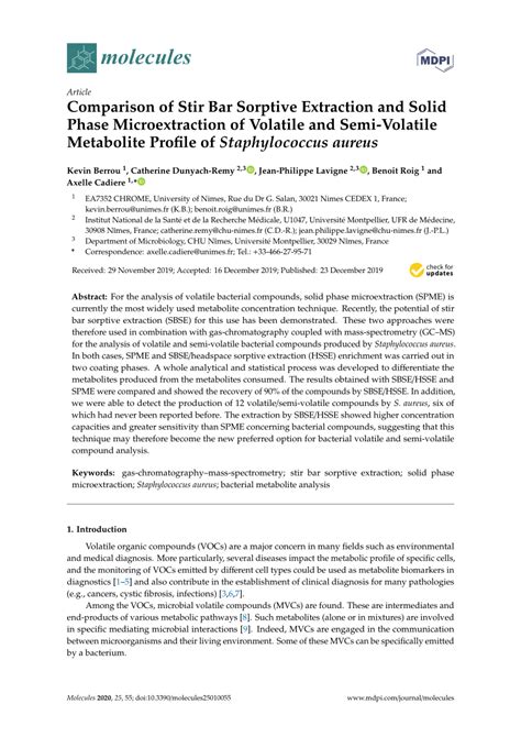 Pdf Comparison Of Stir Bar Sorptive Extraction And Solid Phase Microextraction Of Volatile And