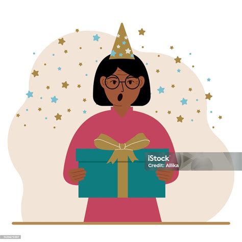 축제 모자를 쓴 여성이 활이 달린 큰 선물 상자를 들고 있습니다 놀라움에 대한 스톡 벡터 아트 및 기타 이미지 놀라움 디자인 벡터 Istock