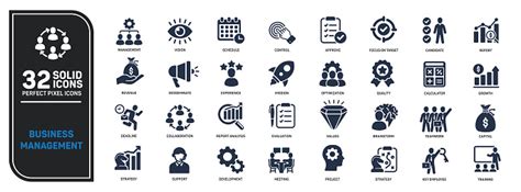 비즈니스 관리 솔리드 아이콘 모음입니다 전략 팀워크 개발 조직 등의 아이콘을 포함합니다 웹사이트 마케팅 디자인 로고 앱 템플릿 Ui 등 벡터 일러스트레이션 아이콘에 대한