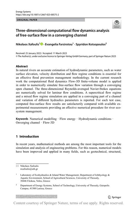 Pdf Three Dimensional Computational Flow Dynamics Analysis Of Free Surface Flow In A