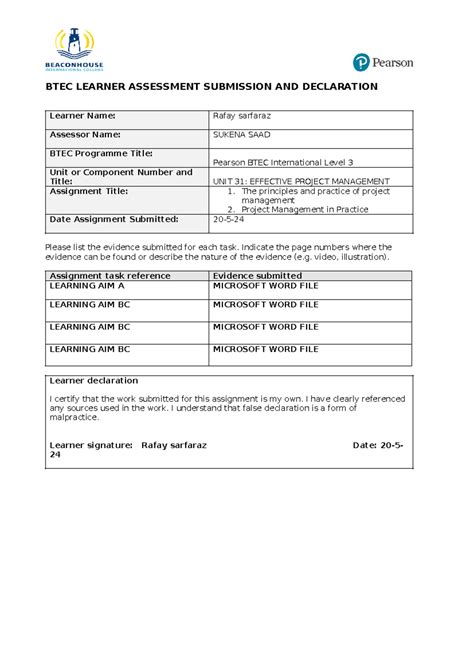 Learner Declaration Sheet Btec Learner Assessment Submission And Declaration Learner Name