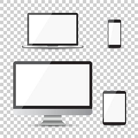 현실적인 장치 평면 아이콘 스마트폰 태블릿 노트북 및 데스크톱 컴퓨터 격리 된 배경에 벡터 일러스트 레이 션 프리미엄 벡터