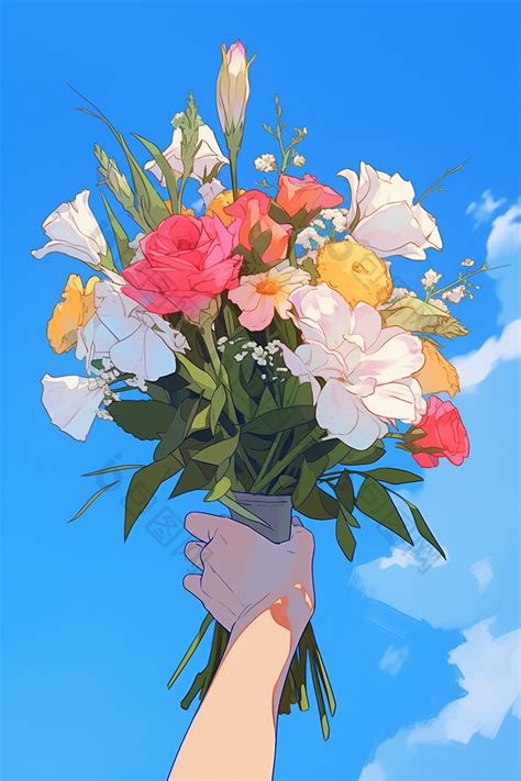 手持鲜花花束插画天空白云高清图片下载 包图网