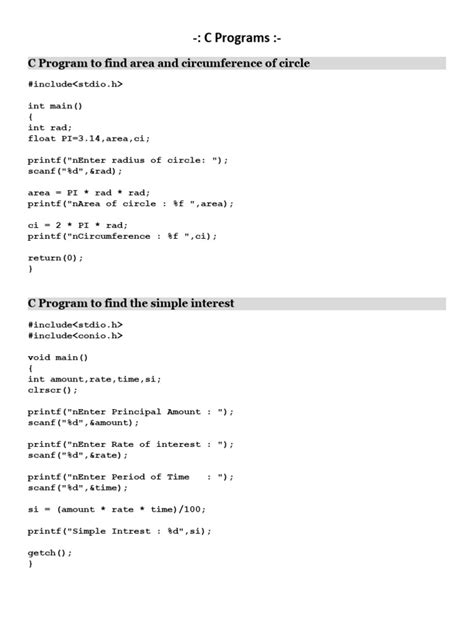 C Basic Type Solved Programs Pdf Area Computer Programming