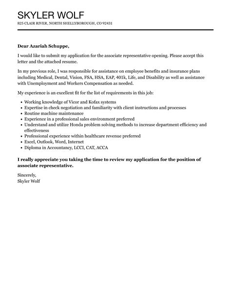 Associate Representative Cover Letter Velvet Jobs