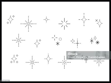 흑백 라인의 반짝임 반짝 반짝 빛나는 별 아이콘 요소의 귀여운 평면 단순 최소 라인 일러스트 세트입니다 만화 만화 스타일 스크랩북 그래픽 소셜 미디어 장식 0명에 대한 스톡