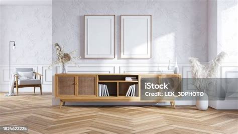 거실의 현대 중반 세기 인테리어 흰색 벽에 프레임 모형이 있는 나무 캐비닛 프레임 모형 3d 렌더링 0명에 대한 스톡 사진 및 기타 이미지 Istock