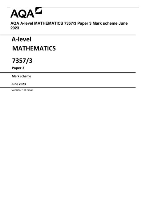 AQA A Level MATHEMATICS Paper Mark Scheme June Version Final AQA Stuvia US