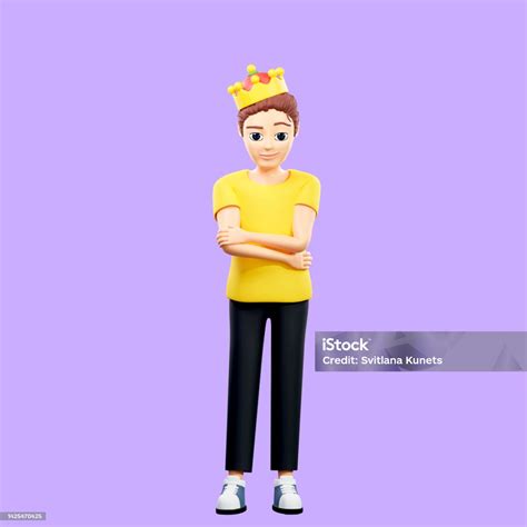 왕관에있는 인간의 래스터 그림 노란 티셔츠에 젊은 남자 힘 왕국 선물 금 유물 권력의 상징 궁전 성 왕의 피 왕좌의 상속인 3d 렌더링 아트웍 0명에 대한 스톡 사진 및