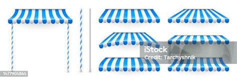 스탠드 홀더가 있는 파란색 상점 차양 현실적인 줄무늬 카페 차양 야외 시장 텐트 지붕 캐노피 여름 거리 상점 벡터 그림 줄무늬에 대한 스톡 벡터 아트 및 기타 이미지
