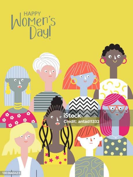 세계 여성의 날 카드 배너 포스터 만화 여자 다른 인종 그룹에서 여자 International Womens Day에 대한 스톡 벡터 아트 및 기타 이미지