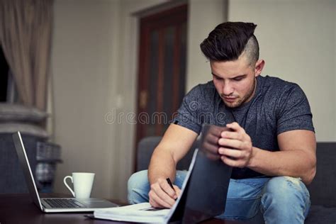 Laptop Writing And Man In Home For Remote Work With Internet