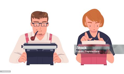 수동 복고풍 타자기로 타이핑하는 저자 남자와 여자 기자는 빈티지 타자기 만화 벡터 일러스트 레이 션에 기사를 쓰고 있습니다