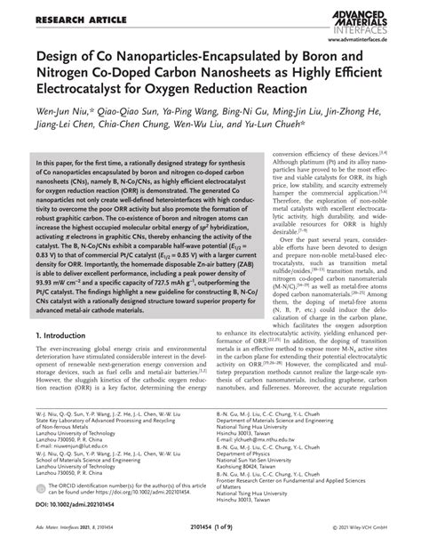 Design Of Co Nanoparticles‐encapsulated By Boron And Nitrogen Co‐doped Carbon Nanosheets As