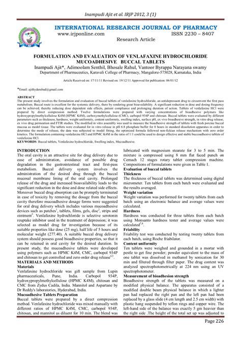 Pdf Formulation And Evaluation Of Venlafaxine Hydrochloride Mucoadhesive Buccal Tablets