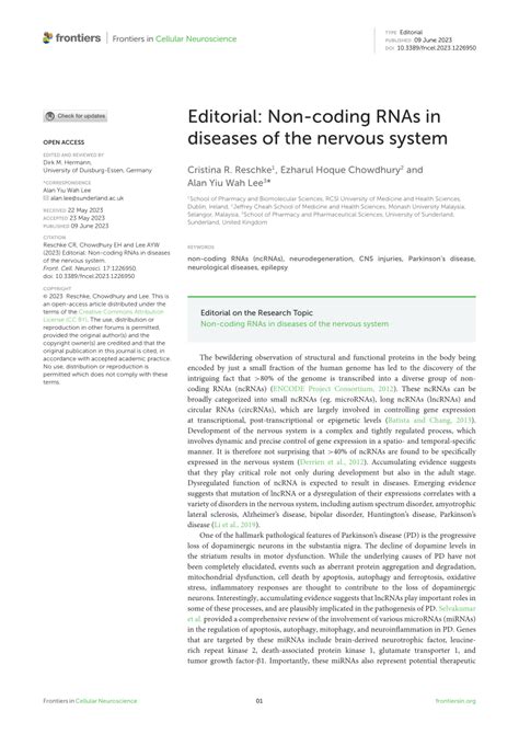 Pdf Editorial Non Coding Rnas In Diseases Of The Nervous System