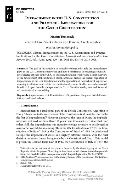 Pdf Impeachment In The U S Constitution And Practice Implications
