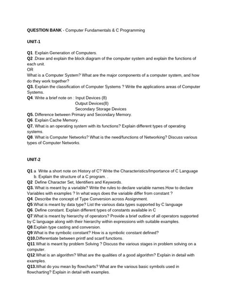 Question Bank Computer Fundamentals And C Programming Pdf C Programming Language Algorithms