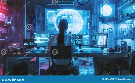 back view of a person at a high tech workstation with multiple screens