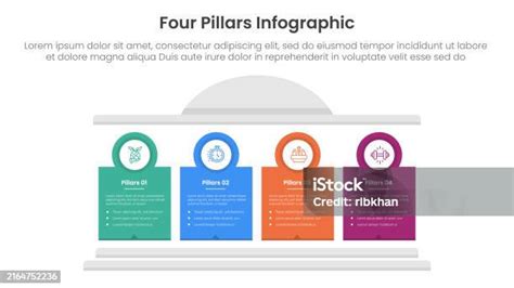 슬라이드 프레젠테이션을 위한 창의적인 블록 기둥과 원형 배지 개요가 있는 4점 무대 템플릿이 있는 고대 고전 건축 인포그래픽이 있는 4개의 기둥 프레임워크 기둥 건축적