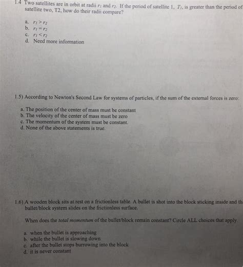 Solved 1 4 Two Satellites Are In Orbit At Radii Ri And Rz