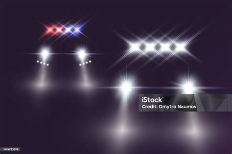 투명 한 배경에 격리 된 자동차 헤드 라이트의 현실적인 흰색 광선 둥근 광선 경찰 차 헤드라이트에서 켜집니다 경찰 순찰 3차원 형태에 대한 스톡 벡터 아트 및 기타 이미지