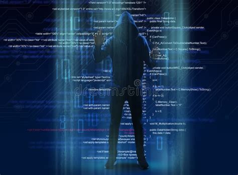 Man In Hood And Digital Code On Dark Background Cyber Attack Concept Stock Image Image Of