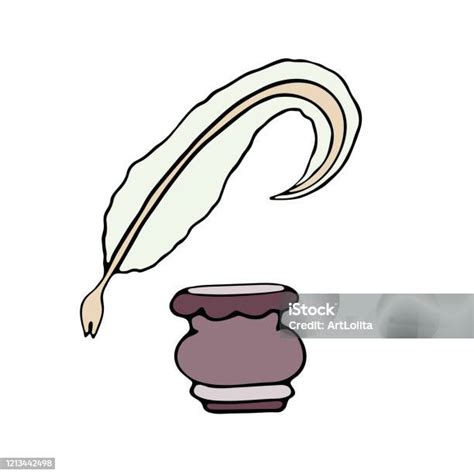 거위 깃털 펜과 구식 잉크 웰 만화 빈티지 항목입니다 흰색 배경에 격리 된 손으로 그린 교육 벡터 그림입니다 고정됨에 대한 스톡 벡터 아트 및 기타 이미지 Istock