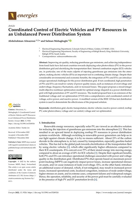 pdf coordinated control of electric vehicles and pv resources in an
