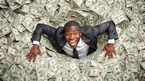 Black Man Joyfully Emerges From A Pile Of Dollar Bills In A Surreal Financial Abyss Generative