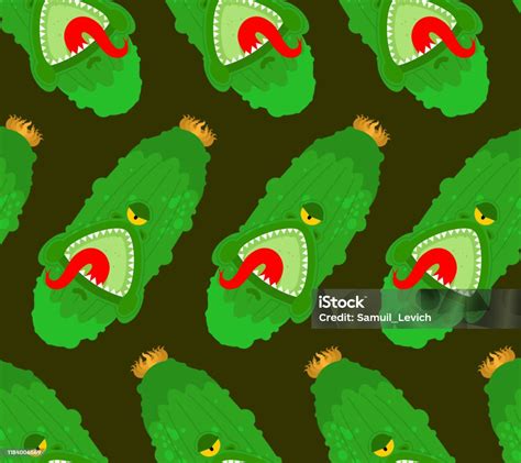오이 몬스터 패턴 이음새가 없습니다 Gmo 돌연변이 배경 치아 장식화가 야채 배고픈 외계인 음식 벡터 텍스처 0명에 대한 스톡
