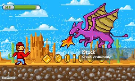 게임 장면 픽셀 아트 8 비트 개체입니다 플랫포머 비디오 인터페이스 레트로 위치입니다 구름 산 드래곤과 캐릭터 빈티지 컴퓨터