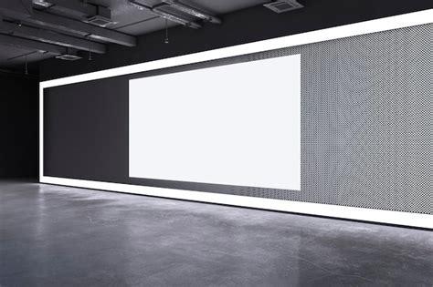 벽 3d 렌더링에 빈 흰색 모의 배너가 있는 현대적인 어두운 그루지 콘크리트 전시장 내부 프리미엄 사진