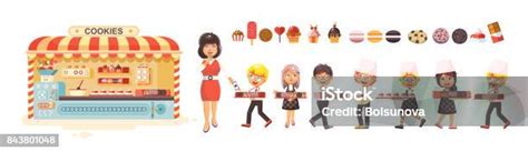 벡터 일러스트 레이 션 만화 캐릭터 어린이 학생 남학생 여 학생 비즈니스 판매 쿠키 제빵 머핀 컵 케 익 케이크 파이 평면 스타일 흰색 배경으로 축 사 격리 오븐에 굽기에