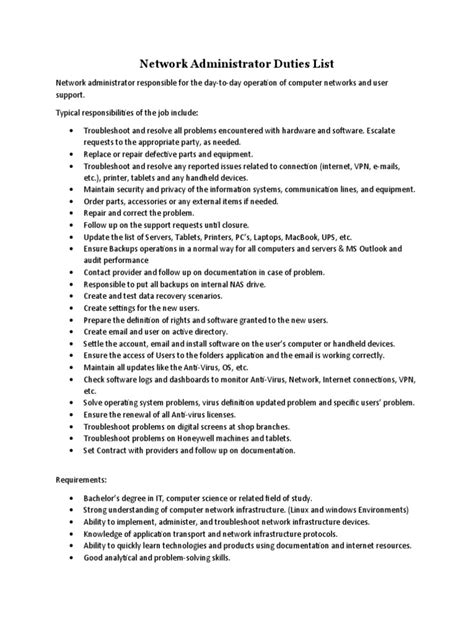 Network Administrator Duties List Pdf