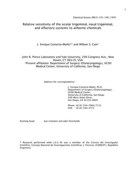 Pdf Relative Sensitivity Of The Ocular Trigeminal Nasal Trigeminal