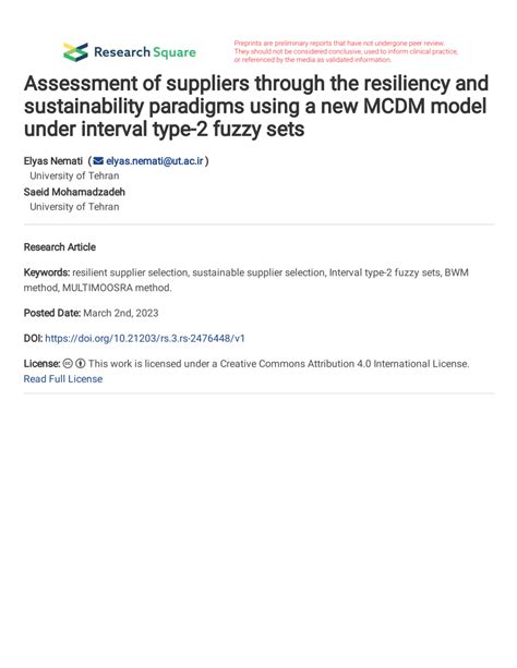 Pdf Assessment Of Suppliers Through The Resiliency And Sustainability