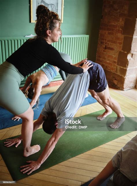 요가 스튜디오 강사가 학생과 스트레칭을 수업 여성과 운동에 도움을줍니다 가르치고 마음과 유연하고 마음 챙김과 몸을 위해 활동적이며 건강 또는 아래를 향한 개 20 24세에
