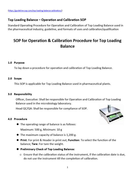 Sop For Operation And Calibration Procedure For Top Loading Balance Pdf Standard Deviation