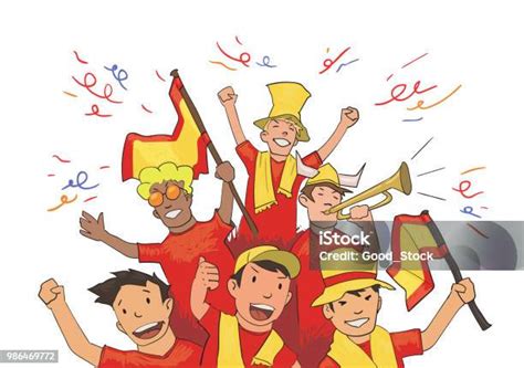 국가 축구 팀 지지 자들은 환호 하는 선수들에 대 한 국가 특성으로 축구 팬 들입니다 컬러 평면 벡터 일러스트입니다 수평 흰색 배경 Championship에 대한 스톡 벡터