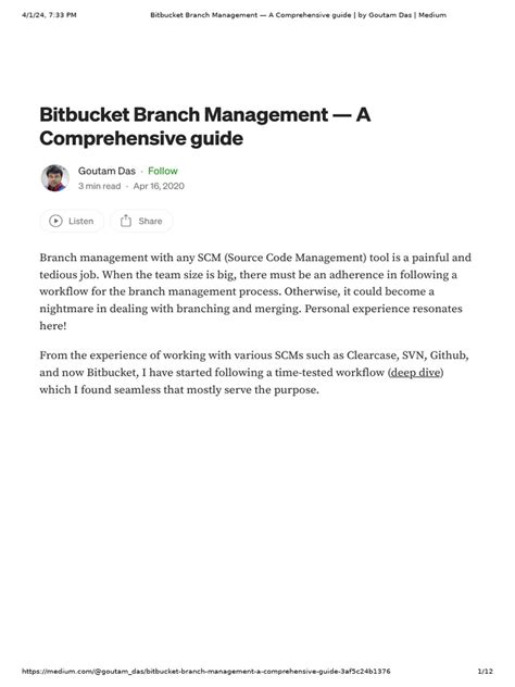 Bitbucket Branch Management A Comprehensive Guide By Goutam Das Pdf Version Control