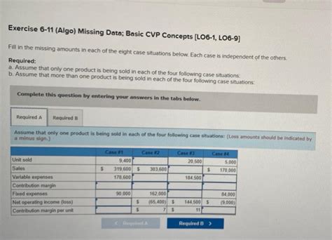 Solved Exercise 6 11 Algo Missing Data Basic CVP Concepts LO6 1 1 Answer Transtutors