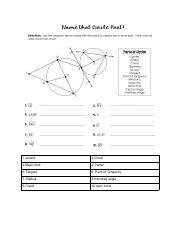 Name That Circle Part Pdf Secant Chord Major Arck Center Tangent Point Of