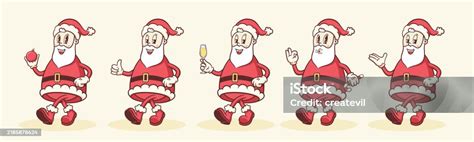 그루비 크리스마스 복고풍 산타 캐릭터 세트 만화 Santacalus 벡터 겨울 휴가 마스코트 템플릿 해피 빈티지 멋진 새해 인물 일러스트레이션 컬렉션 절연 가공의 인물에