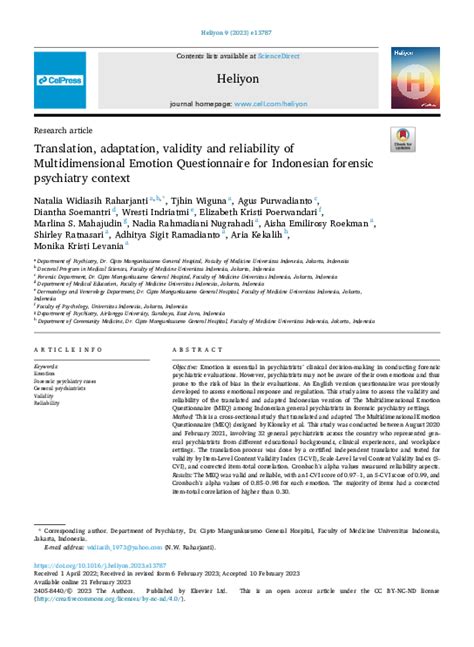 Pdf Translation Adaptation Validity And Reliability Of Multidimensional Emotion