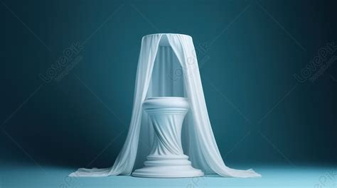 파란색 패브릭 배경에 혼자 서 있는 흰색 얇은 명주 그물로 덮인 3d 연단 파란색 패브릭 배경에 혼자 서 있는 흰색 얇은 명주 그물로 덮인 3d 연단 사진 파란색 패브릭