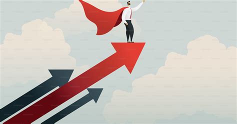 슈퍼히어로 사업가가 떠오르는 화살표 그래프를 손가락으로 가리키고 있다 사업 성공은 용기를 보여 주며 사업에 힘을 실어줍니다