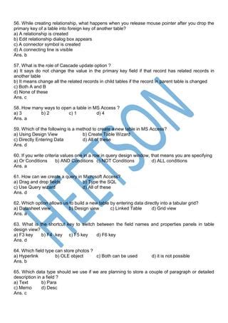 MS Access MCQ Questions Microsoft Office PDF