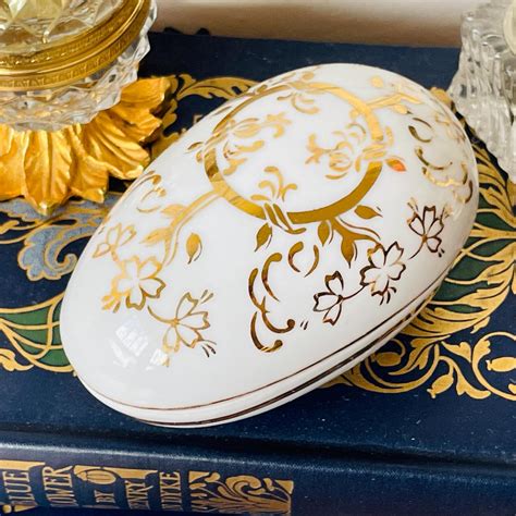 Vintage Lefton China White And Gold Floral Scrollwork Egg Shaped Trinket
