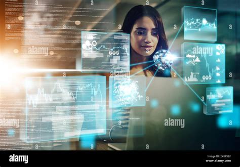 Overlay Finance Stock Market Hologram Or Woman And Futuristic Financial Ai Data Analysis Or